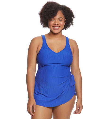 Maxine Plus Size Spa Solid Chlorine Resistant Sarong One Piece Swimsuit